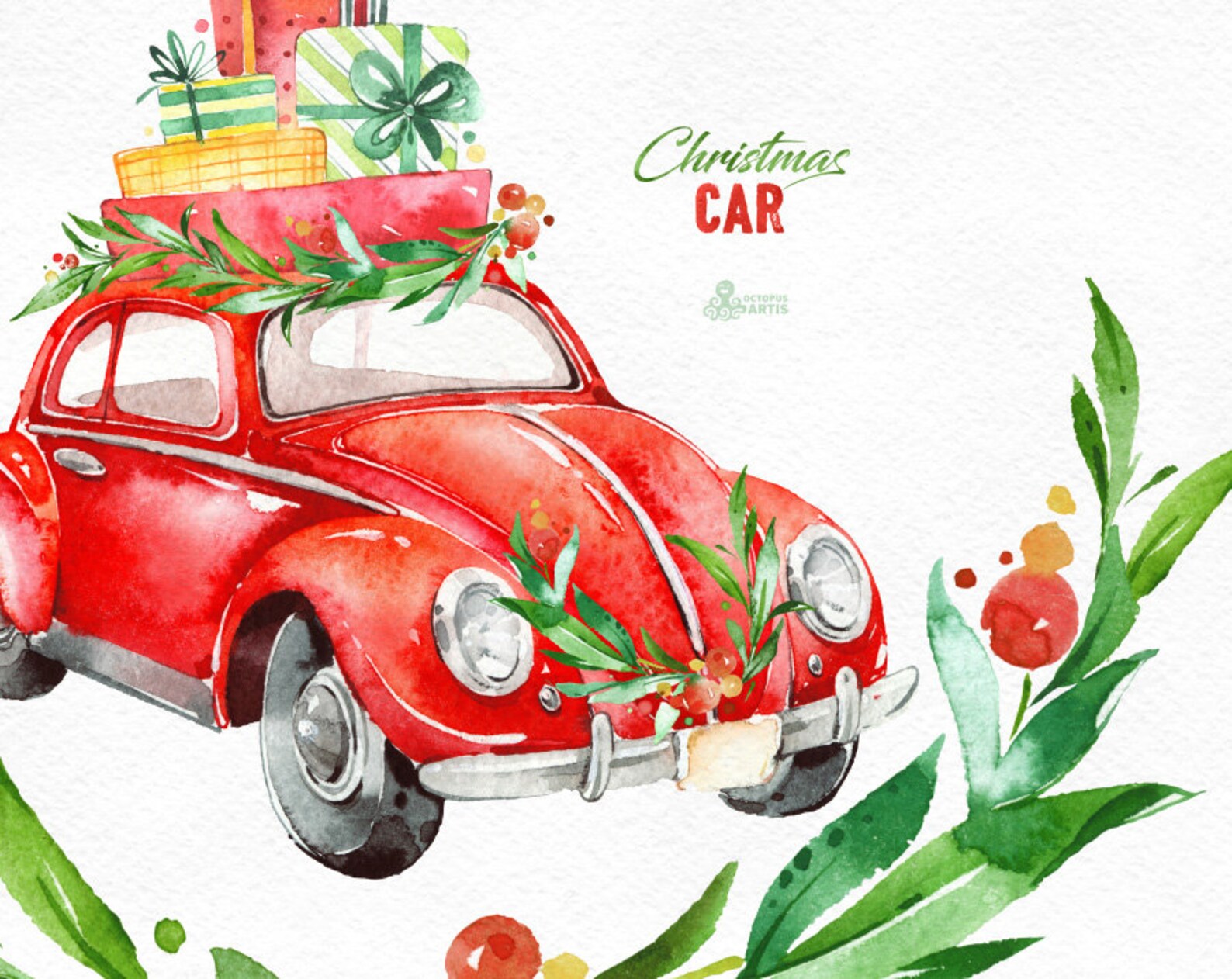 Christmas Car Red Watercolor Holiday Clipart Vintage Retro - Etsy
