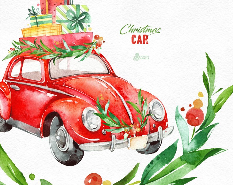 Christmas Car Red Watercolor holiday clipart vintage retro | Etsy
