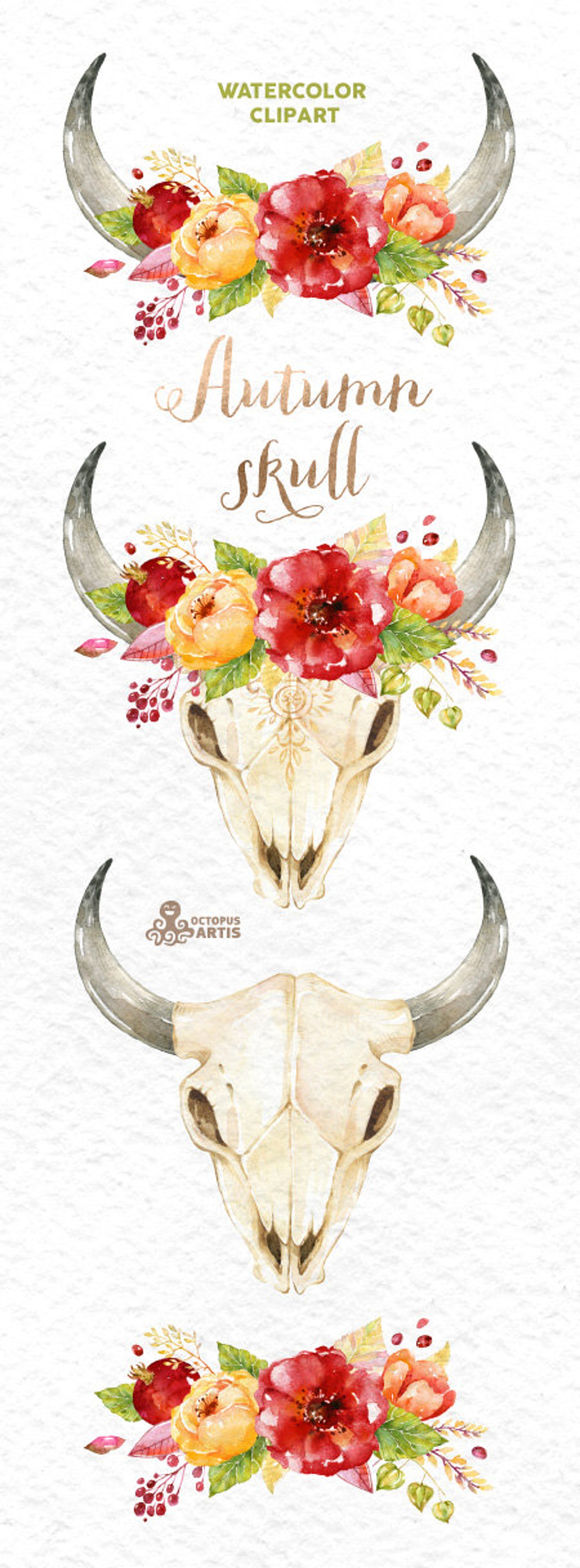 Autumn Skull. Watercolor Skulls With Antlers and Flowers Hand - Etsy UK