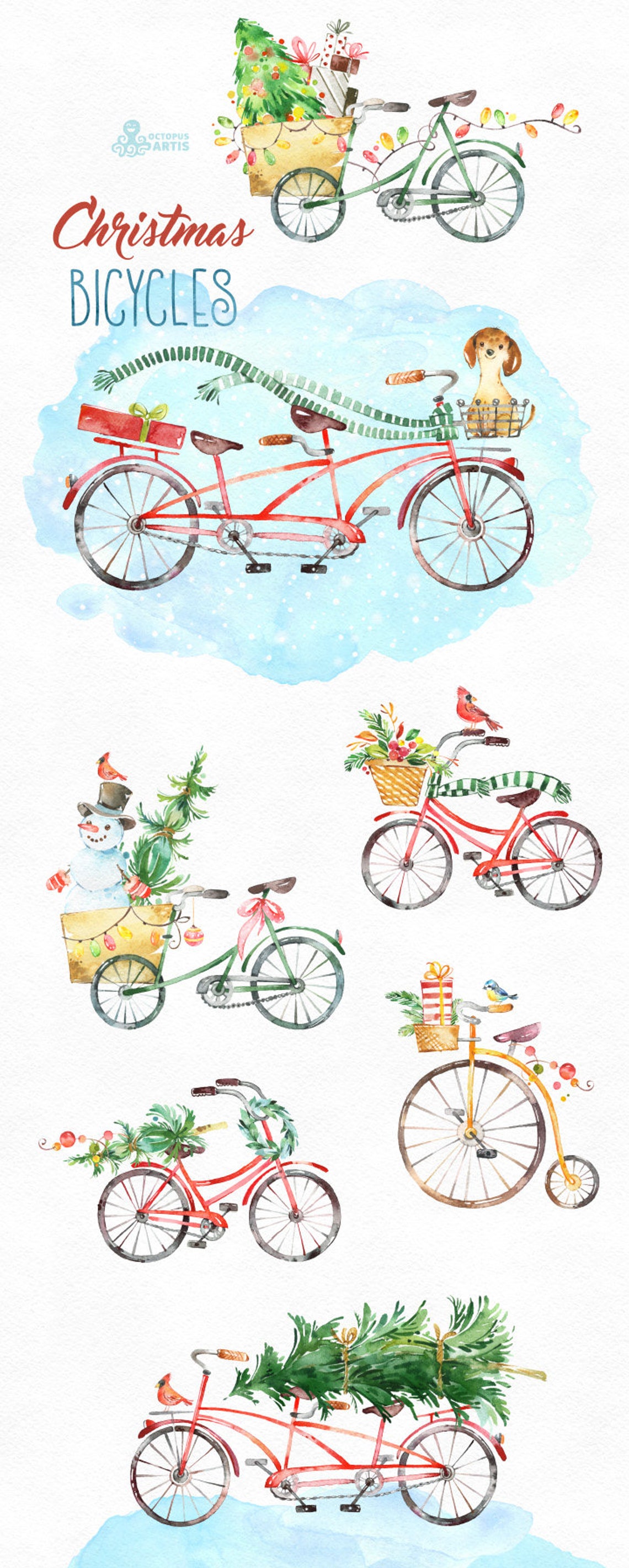Christmas Bicycles. Watercolor holiday clipart vintage | Etsy