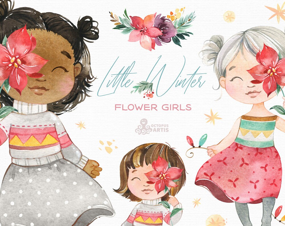 Little Winter. Flower Girls. Watercolor Christmas Clipart | Etsy