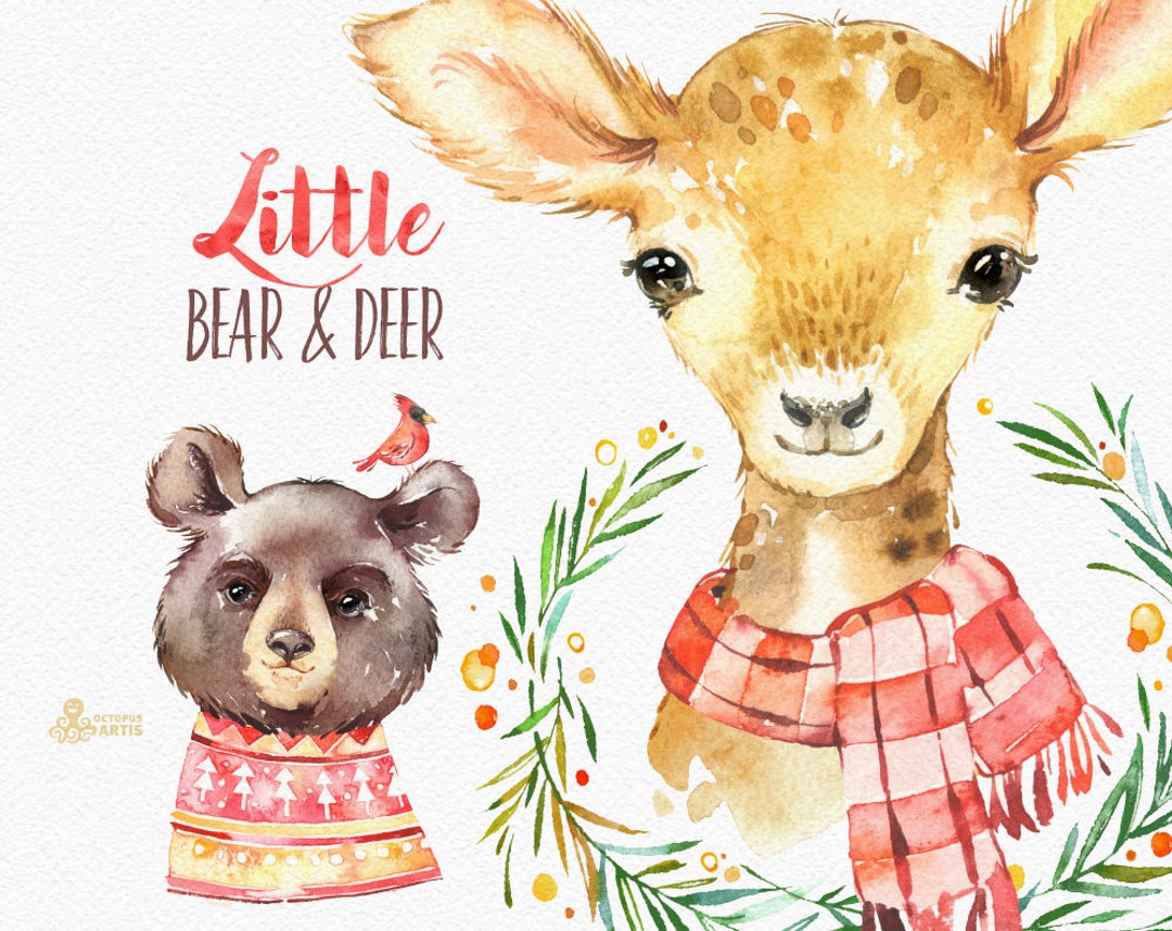 Little Bear & Deer. Watercolor Holiday Clipart, Winter, Roe, Fawn ...