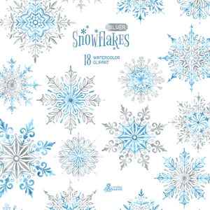 Snowflakes Silver. 18 Watercolor Separate Elements, Clipart, Christmas ...