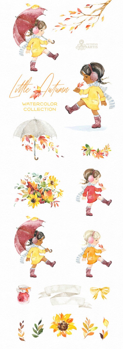 Little Autumn. Watercolor Clipart Cute Girl Fall Flowers - Etsy