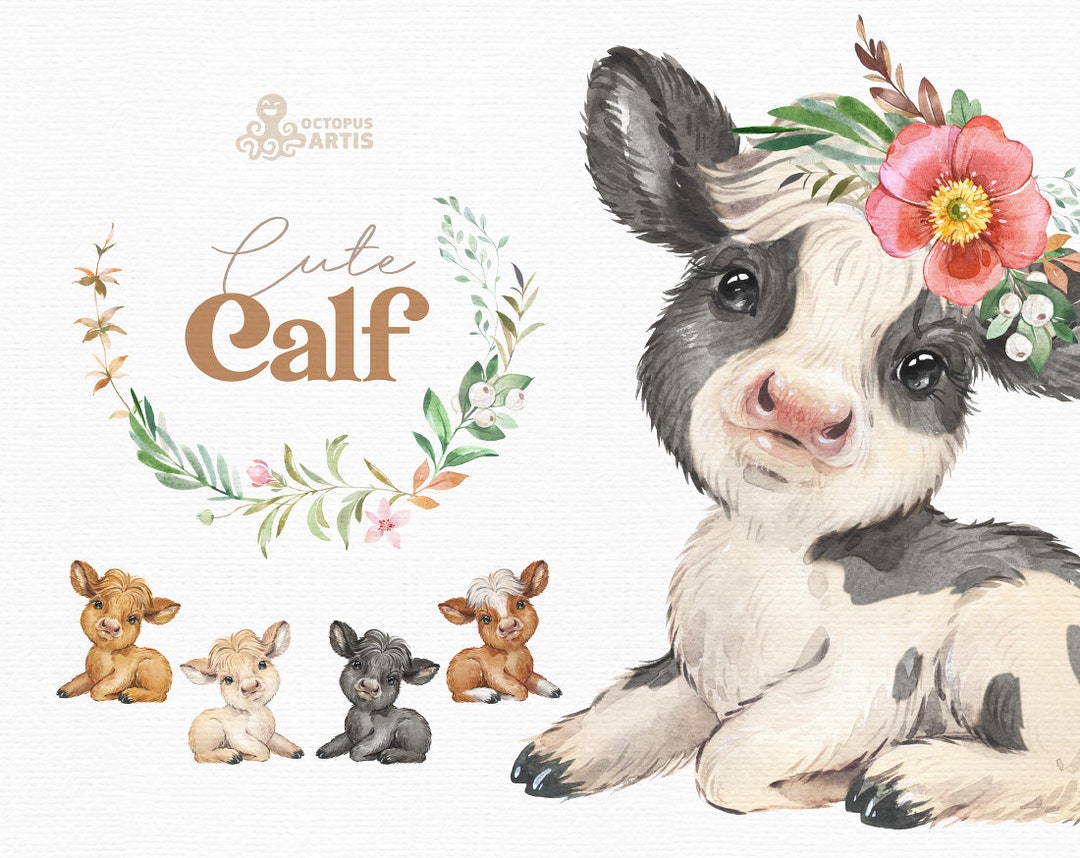 Cute Calf. Watercolor Little Animals Clipart, Cow, Baby, Country ...