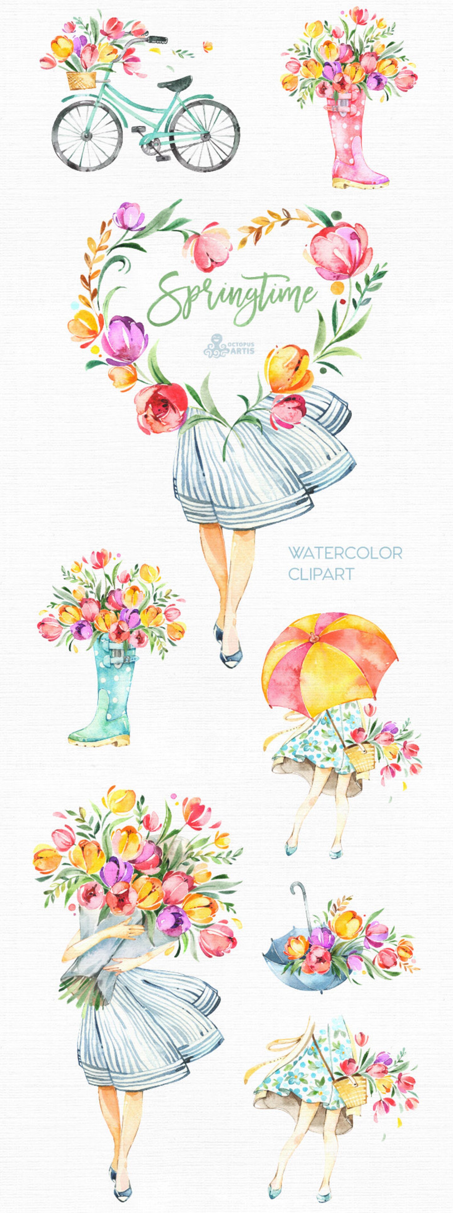 Springtime. Watercolor floral clipart girls tulips frame | Etsy