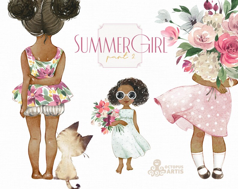 Summer Girl Pt.2. Watercolor Clipart Little Black Girl Cat - Etsy