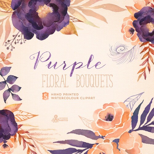 Purple & Silver Floral Bouquets. Digital Clipart. Hand - Etsy