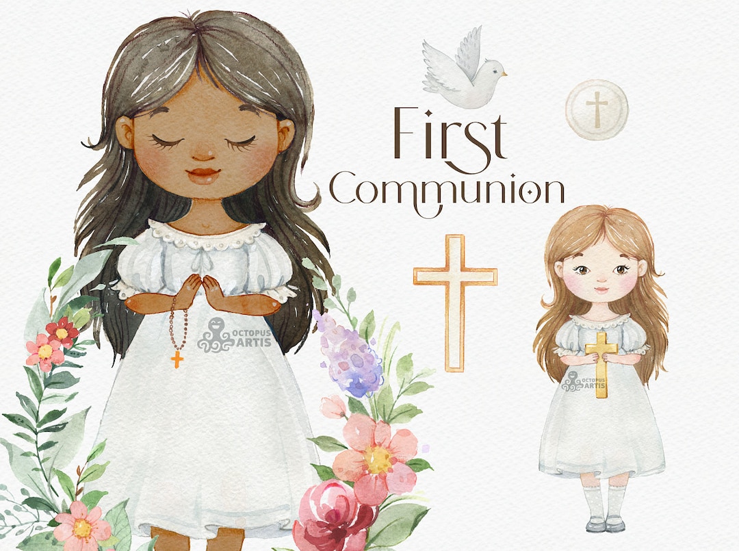 First Communion 2. Watercolor Clipart, Little Girl, Church, Holy ...