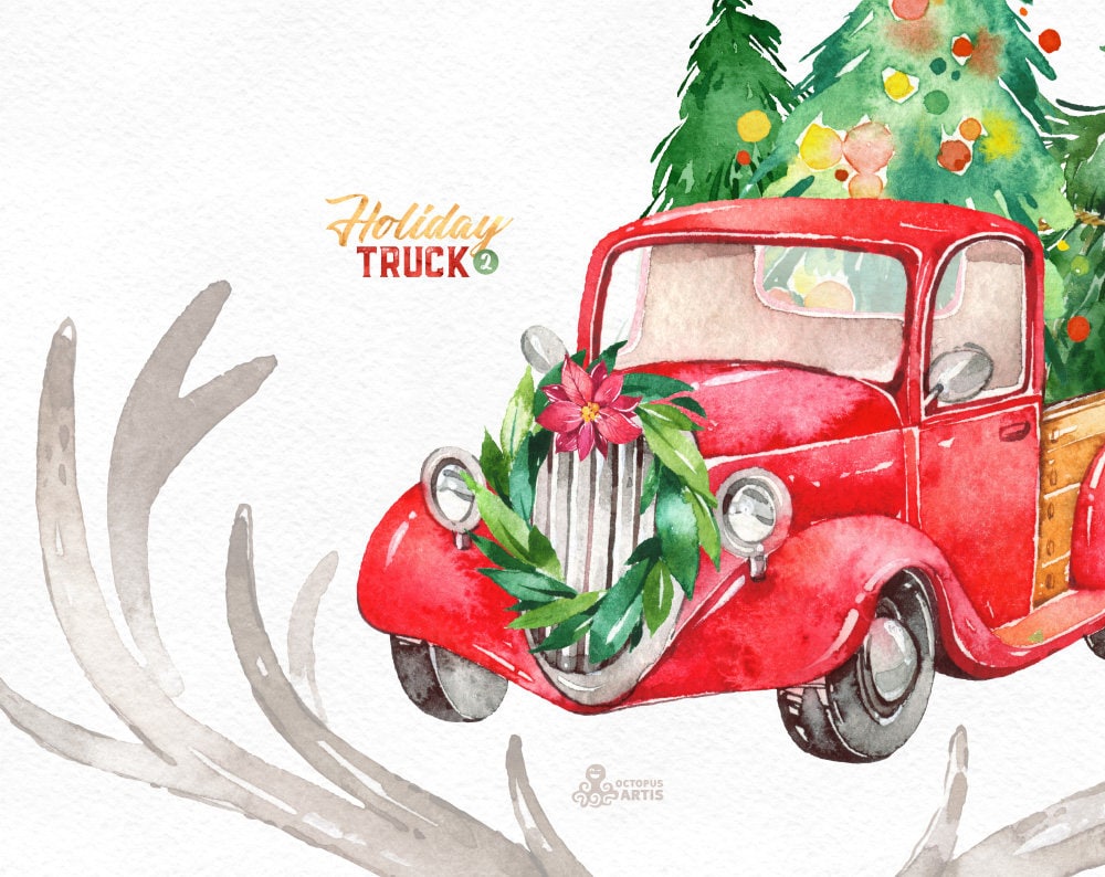 Holiday Truck. Watercolor Christmas Clipart Vintage Retro | Etsy