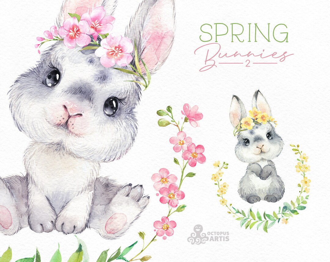 Spring Bunnies 2 Watercolor Little Animals and Floral Clipart, Easter ...