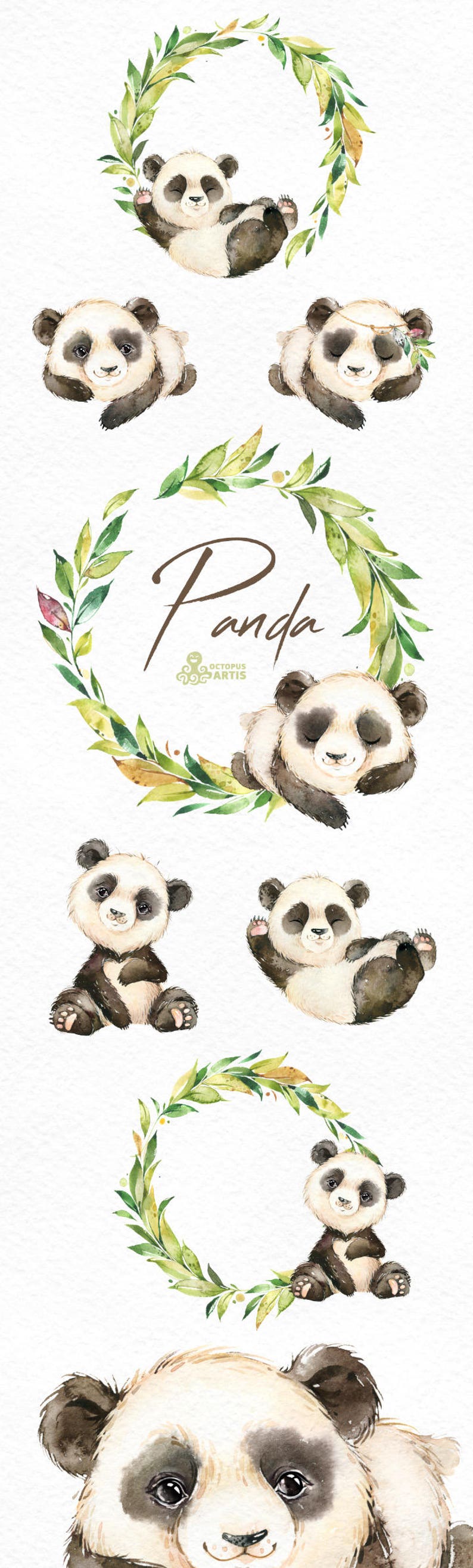 Panda. Watercolor Little Animal Clipart Floral Wreath | Etsy