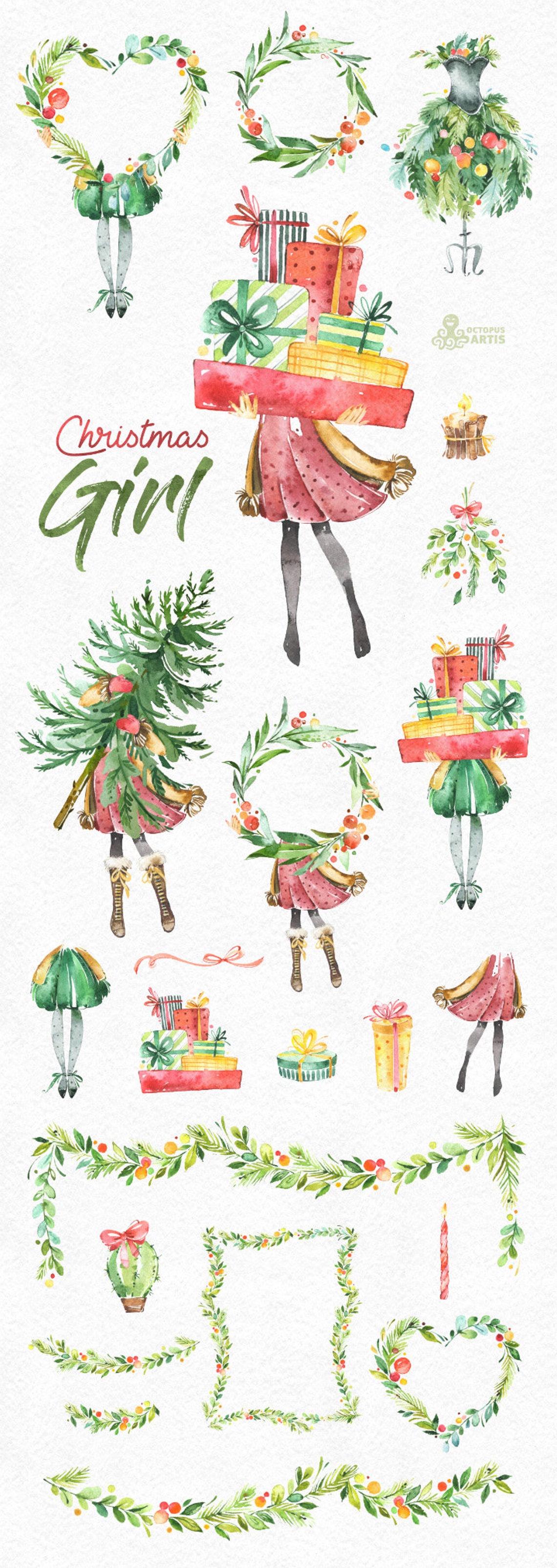 Christmas Girl. Watercolor Holiday Clipart Lady Vintage - Etsy