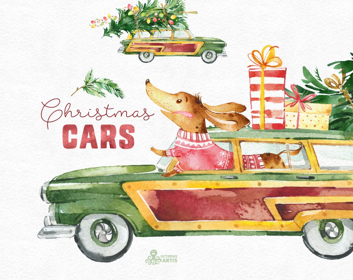 Christmas Cars. Watercolor Holiday Clipart Dog Fun Gifts - Etsy
