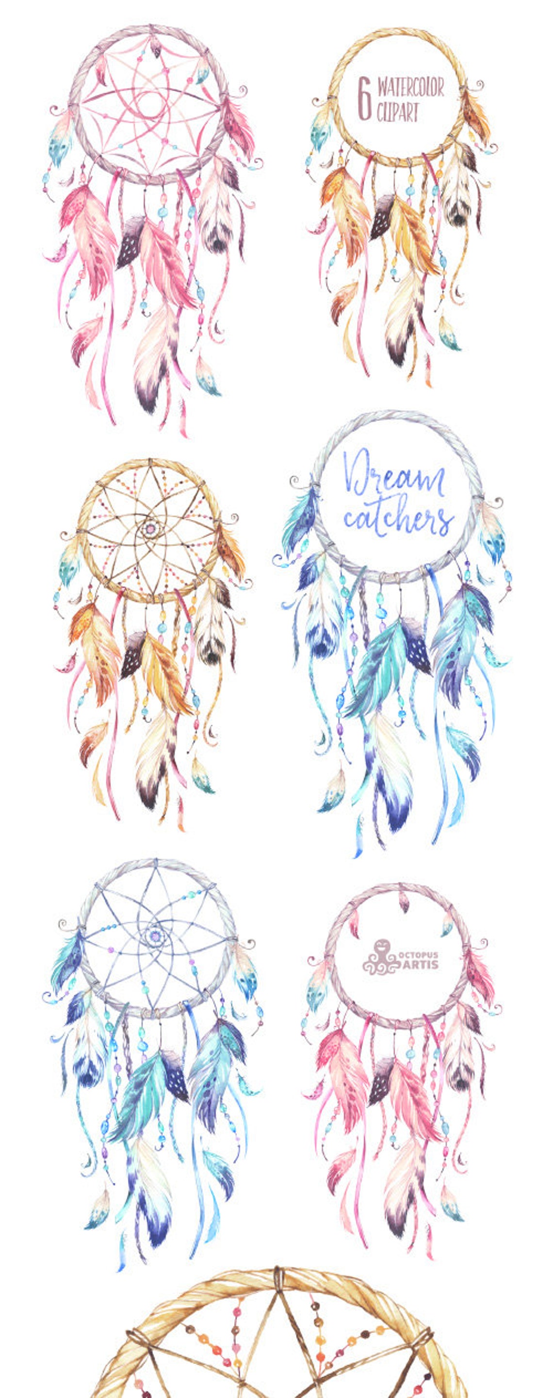 Dreamcatchers. Watercolor Clipart. Tribal feathers diy | Etsy