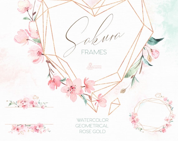 Sakura Frames. Watercolor Floral Geometrical clipart rose | Etsy