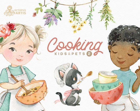 Cooking. Kids & Pets 2. Watercolor Clipart Kitten Cute Girl - Etsy