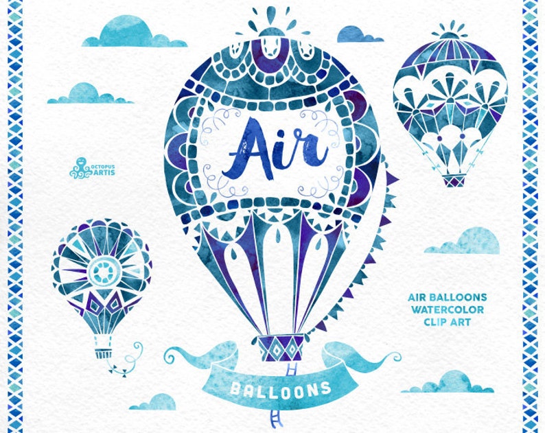 Air Balloons Blue. Watercolor Handpainted Clipart Hot Air | Etsy