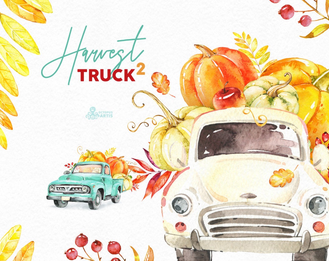 Harvest Truck 2. Watercolor Fall Clipart, Pumpkins, Car, Vintage, Farm ...