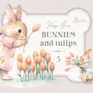 Bunnies & Tulips - Vintage. Animal Clipart, Spring, Easter, Rabbit ...