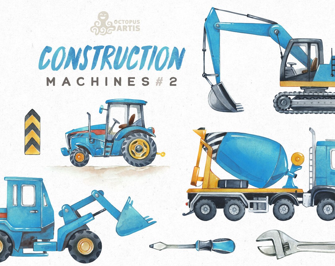 Construction Machines Blue Pt2. Watercolor Clipart, Building, Concrete ...
