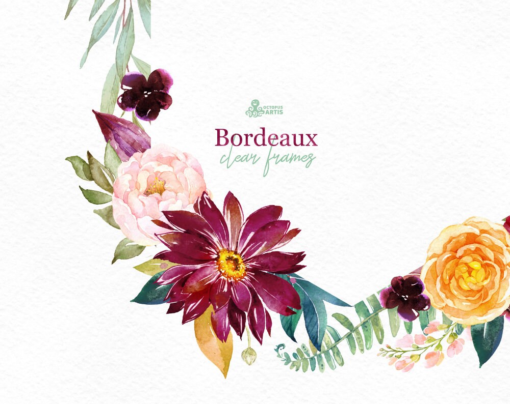 Bordeaux. Clear Frames Watercolor Floral Clipart Burgundy | Etsy
