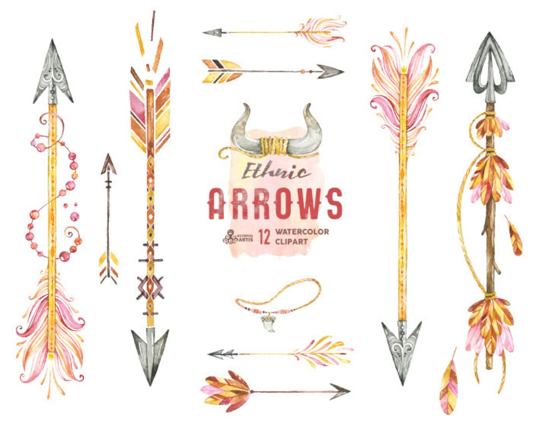 Ethnic Arrows. 12 Watercolor Hand Painted Clipart Elements, Feathers ...