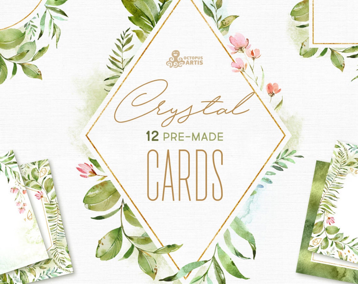 Crystal. 12 Cards and Templates. Watercolor Floral Polygonal | Etsy