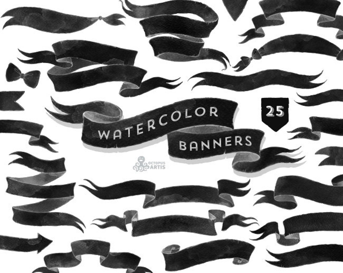 Watercolor Banners Ribbons Clipart: 25 Digital Files. Black - Etsy