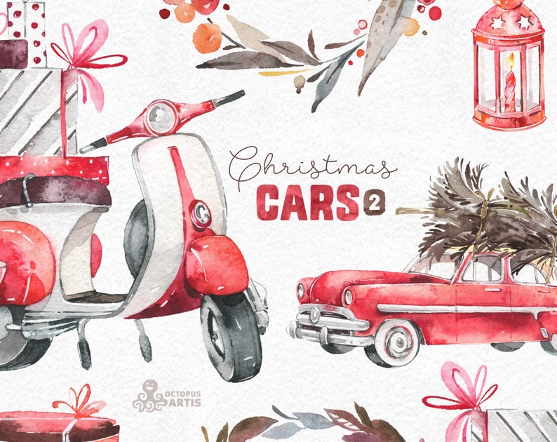 Christmas Cars 2. Watercolor Holiday Clipart Vintage - Etsy