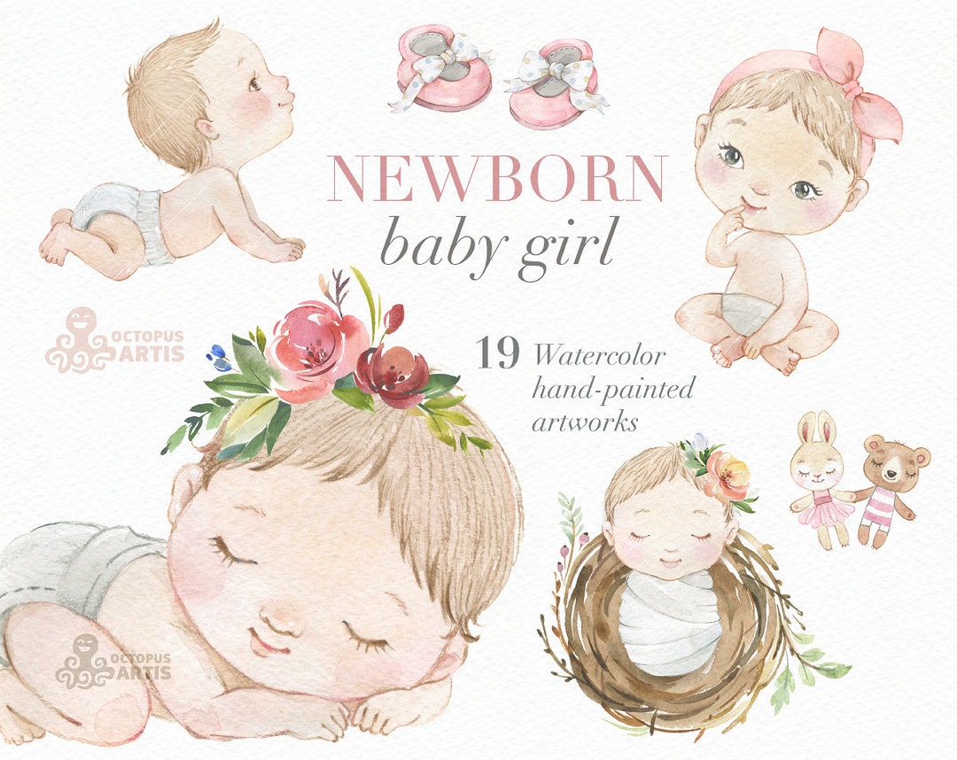 Newborn Baby Girl. Watercolor Clipart, Infant Female, Little Girl ...