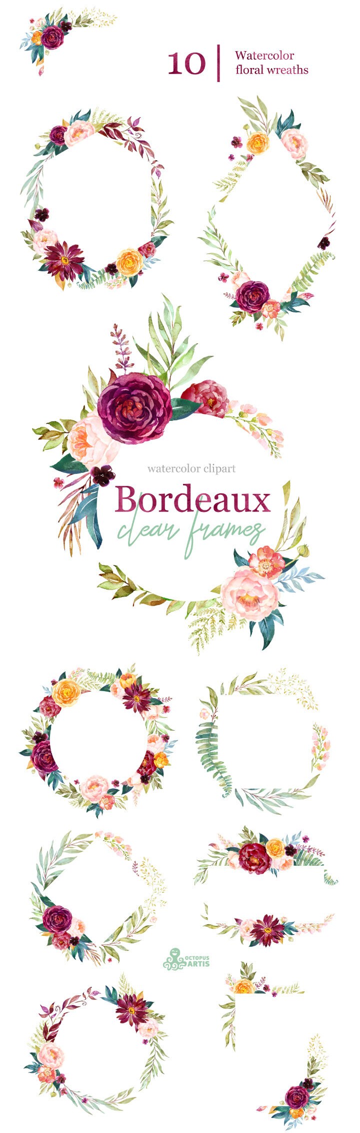 Bordeaux. Clear Frames Watercolor Floral Clipart Burgundy | Etsy