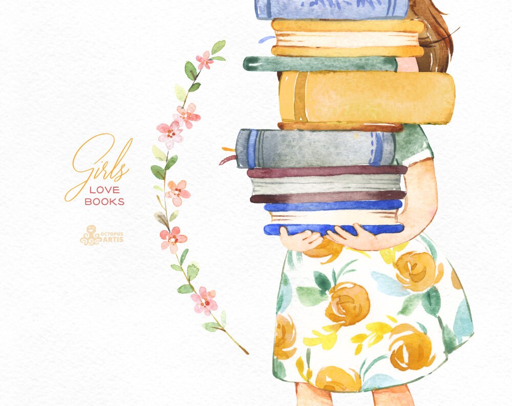 Girls Love Books Watercolor Clipart Reading Flowers - Etsy