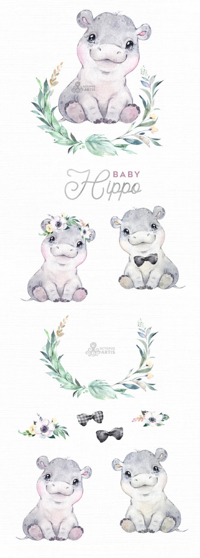 Baby Hippo. Watercolor little animal clipart babies flowers | Etsy