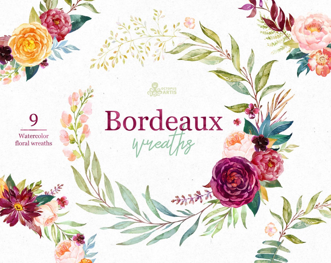Bordeaux. Wreaths Watercolor Floral Clipart Burgundy | Etsy