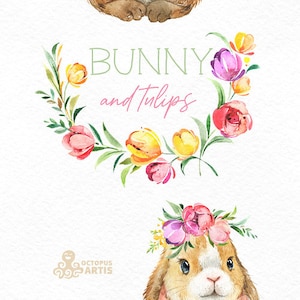 Bunny & Tulips. Watercolor Little Animals and Floral Clipart, Flowers ...