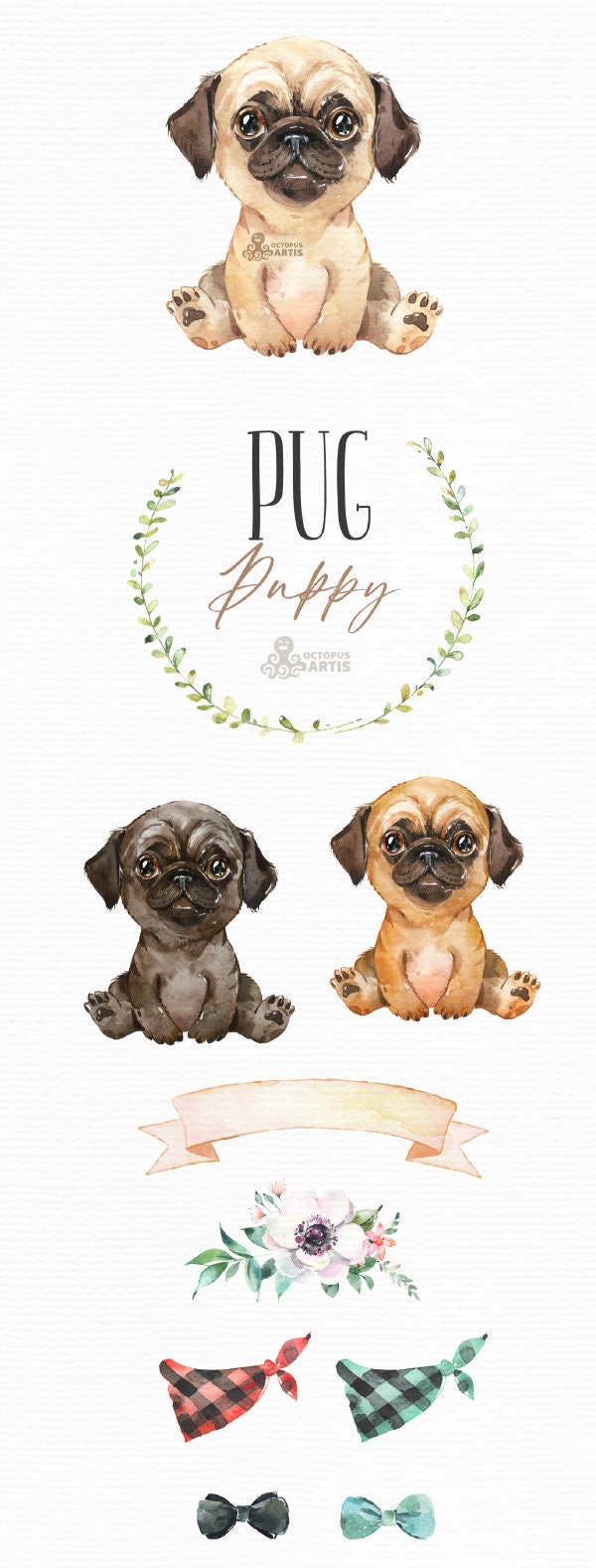 Pug. Watercolor Little Animal Clipart Portrait Puppy - Etsy