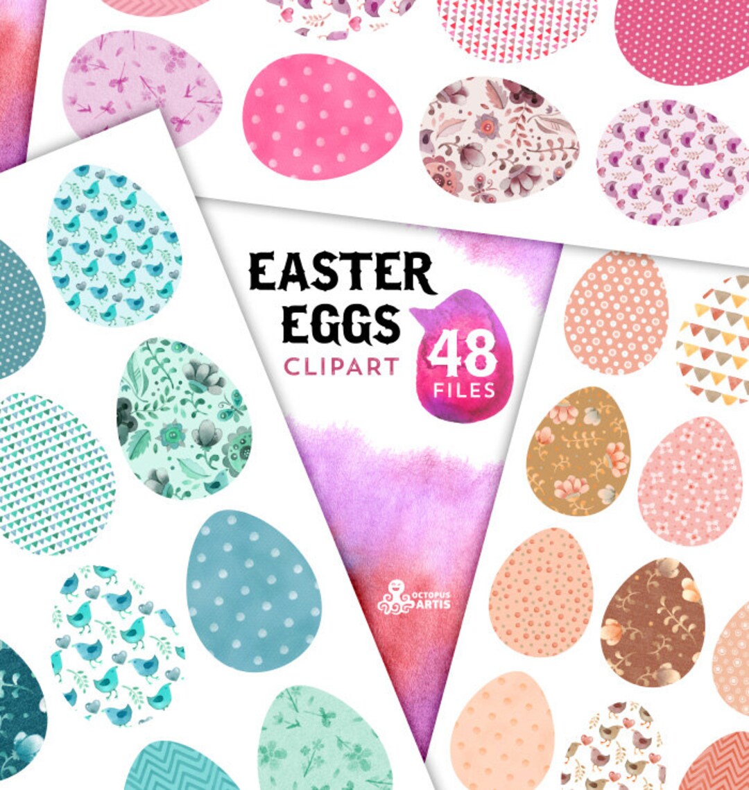 Easter Eggs Clipart: 48 Files Digital Papers. Hand Painted, Easter ...
