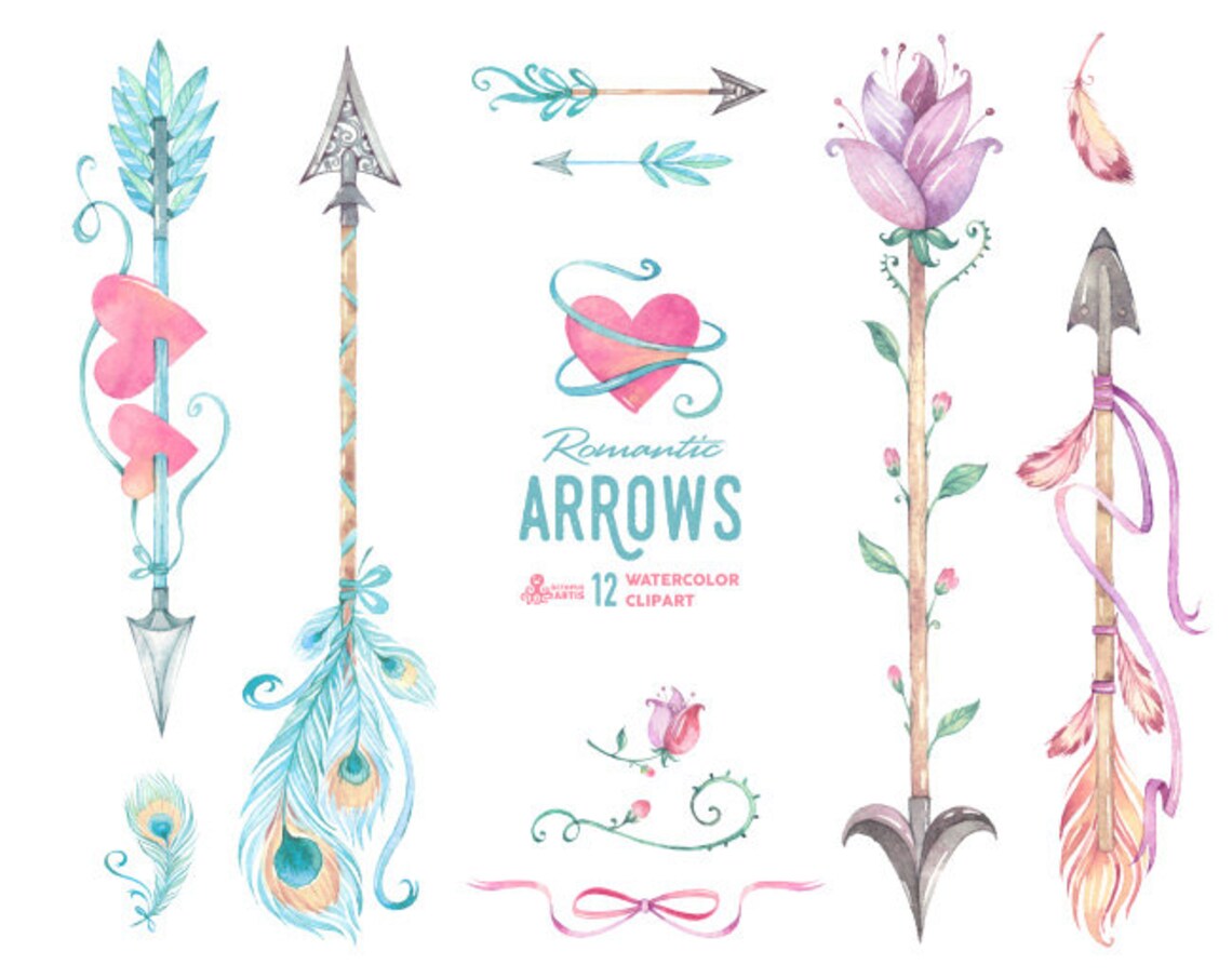 Romantic Arrows Watercolor Clipart. 12 Hand Painted Elements - Etsy