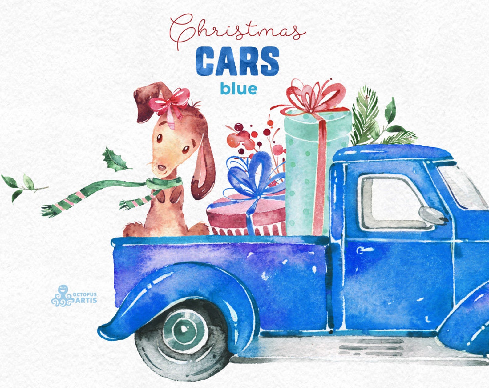 Christmas Cars Blue. Watercolor Holiday Clipart Vintage | Etsy