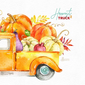 Harvest Truck 2. Watercolor Fall Clipart, Pumpkins, Car, Vintage, Farm ...