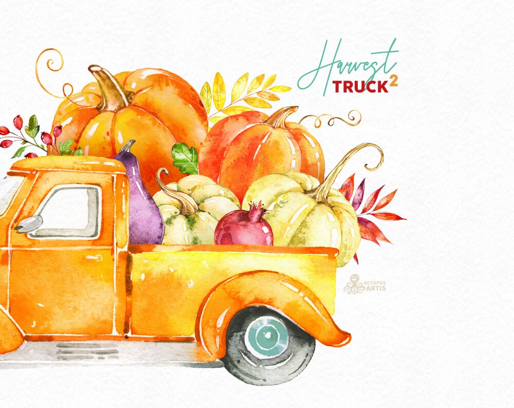 Harvest Truck 2. Watercolor Fall Clipart Pumpkins Car - Etsy