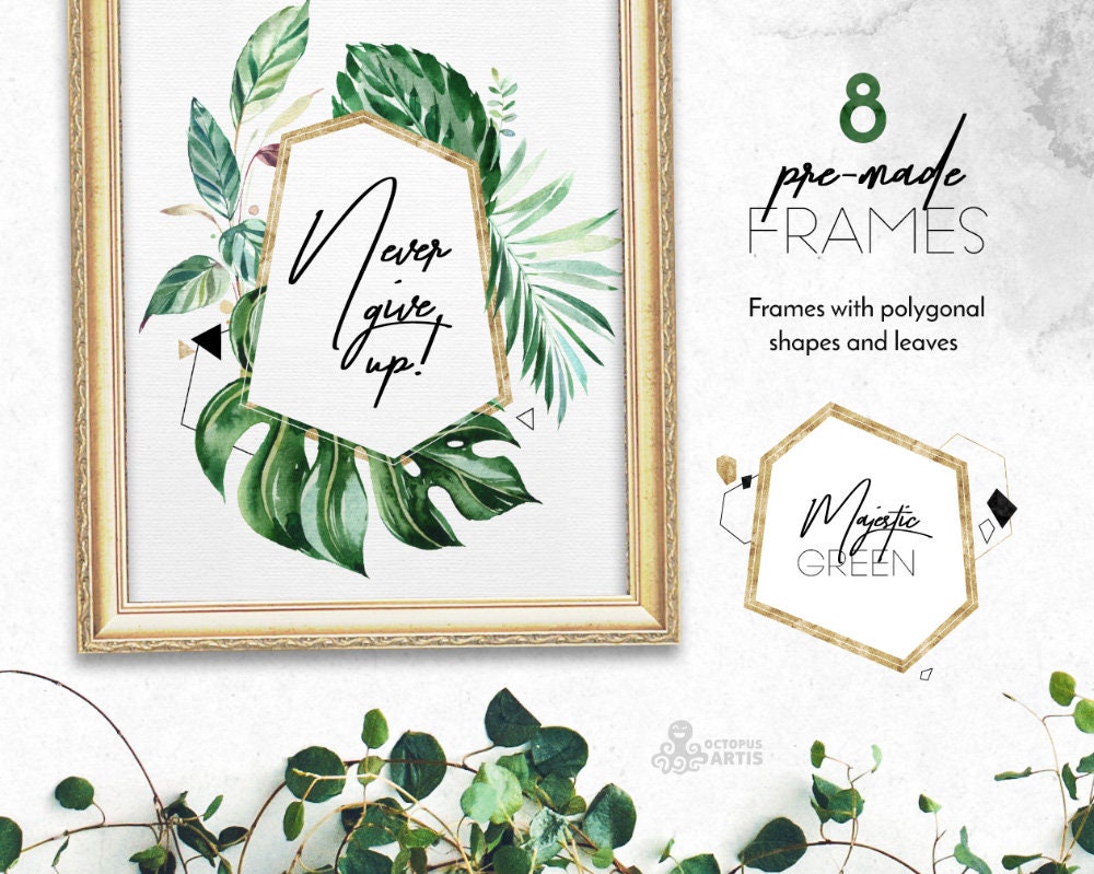 Majestic Green. Frames 4. Watercolor Florals and Golden - Etsy