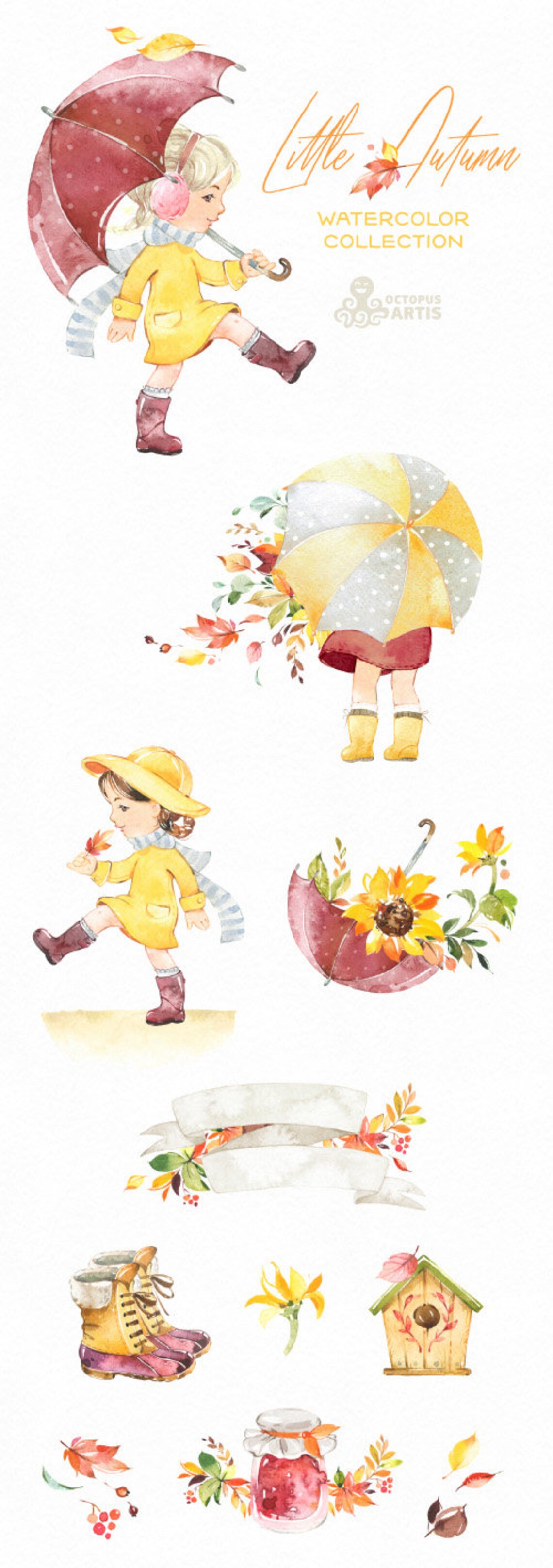 Little Autumn. Watercolor Clipart Cute Girl Fall Flowers - Etsy