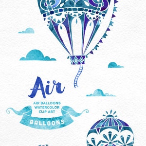 Air Balloons Blue. Watercolor Handpainted Clipart, Hot Air Ballon, Diy ...