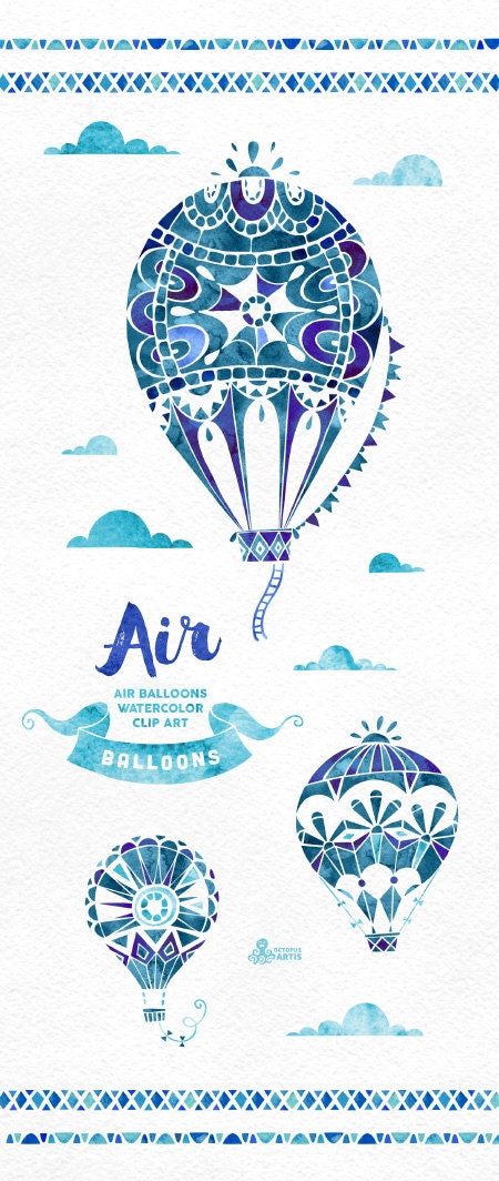 Air Balloons Blue. Watercolor Handpainted Clipart Hot Air | Etsy