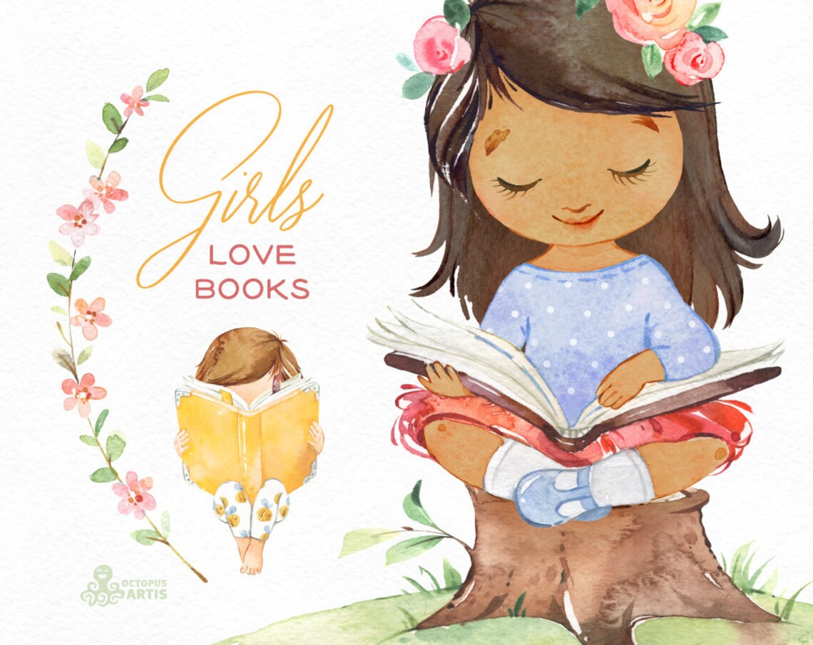 Girls Love Books Watercolor Clipart Reading Flowers | Etsy