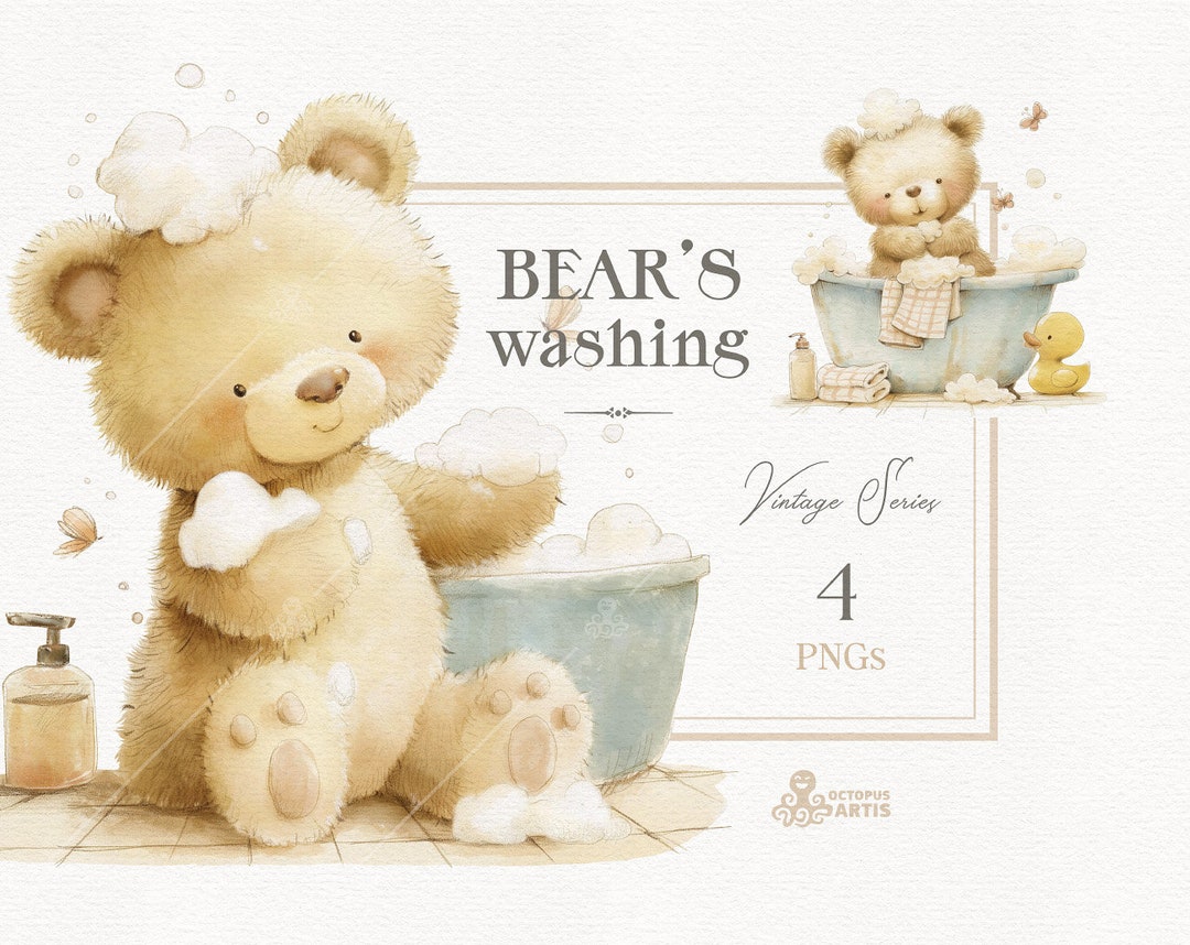 Bear's Washing Vintage. Animal Clipart, Woodland, Bath, Bear Cub, Cute ...