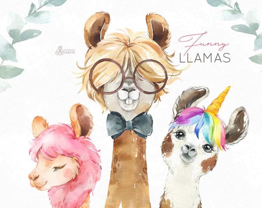 Funny Llamas. Watercolor animals clipart alpaca portrait | Etsy
