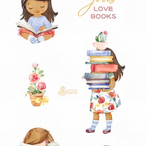 Girls Love Books Watercolor Clipart, Reading, Flowers, Outdoor, Florals ...